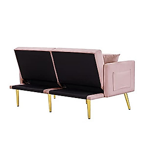 Antetek Convertible Futon Sofa Bed, 59-inch Modern Velvet Sleeper Sofa Small Loveseat with Two Pillows, 3 Adjustable Positions and 6 Golden Metal Legs Furniture for Living Room and Bedroom, Pink