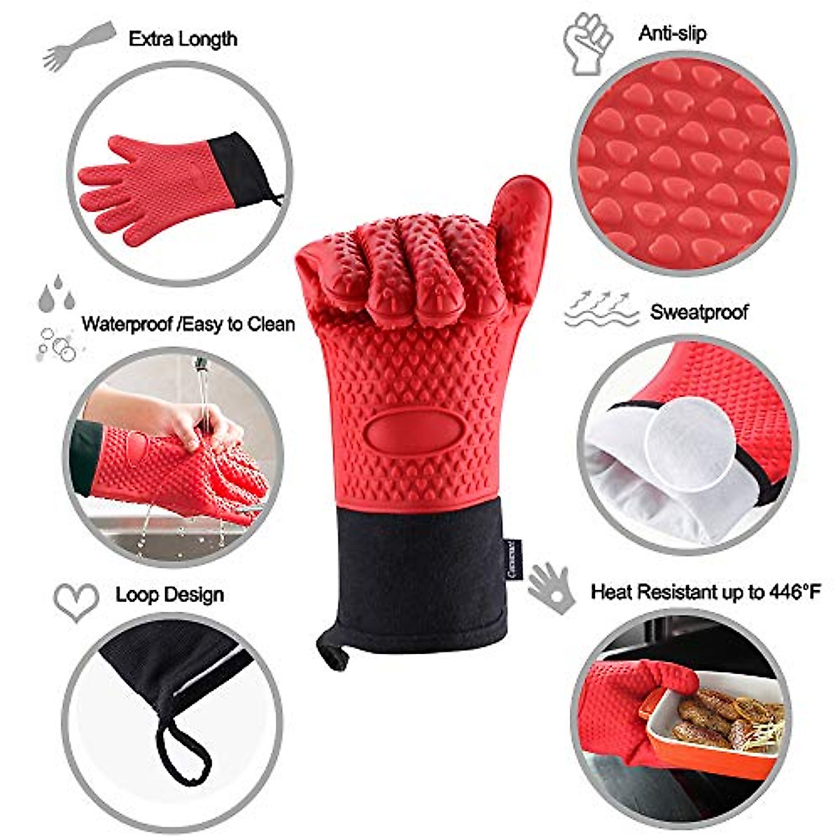 Comsmart BBQ Gloves, Heat Resistant Silicone Grilling Gloves, Long Waterproof BBQ Kitchen Oven Mitts with Inner Cotton Layer for Barbecue, Cooking, Baking, Smoker(Red)