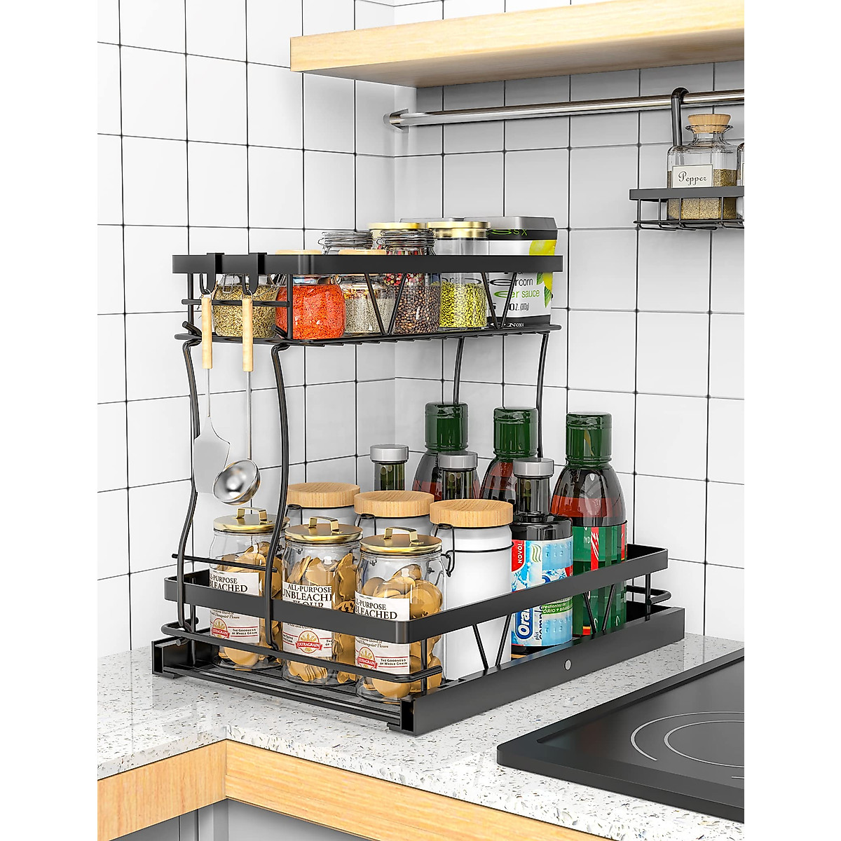 Iperlife 2 Tier Under Sink Organizers and Storage for Kitchen Pull Out Cabinet Basket Organizer with 4 Hooks, Multi-Purpose Metal Storage Shelf Rack for Bathroom Living Room Bedroom