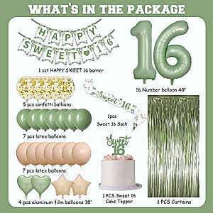 Sweet 16 Party Decorations, Sage Green 16th Birthday Decorations for Girls Sweet 16 Birthday Banner Green Balloons Kit for Her Birthday Party Supplies