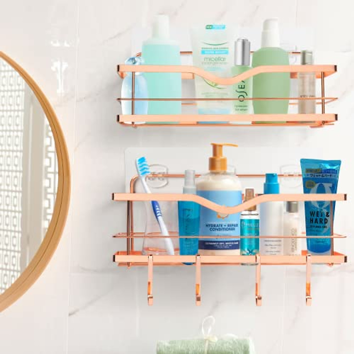 BABYLION1 Rose Gold Bathroom Organizer Shelf – 2 Pack Shower Caddy Baskets with 4 movable Hooks – Rustproof Stainless Steel Strong Adhesive Cute Storage Decor Rack for Inside Shower, Kitchen