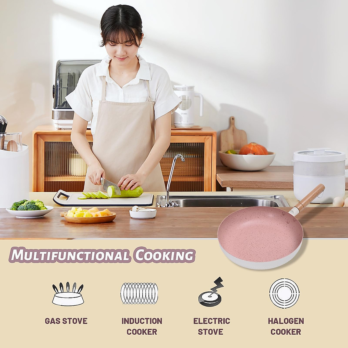 Tauvirboff Nonstick Frying Pan Skillet, 7.8 Inch Pink Egg Omelette Pan With Hook, Aluminum Saute Pan with Wood Handle, Flat Bottom Wok Suitable for Gas, Induction, Electric Stove, PFOA Free (Pink)