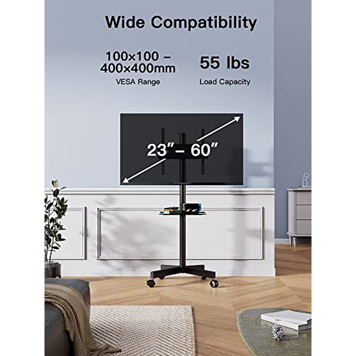PERLESMITH Mobile TV Cart with Wheels for 23-60 Inch LCD LED OLED Flat Curved Screen Outdoor TVs Height Adjustable Shelf Floor Stand Holds up to 55lbs Monitor TV Holder with Tray Max VESA 400x400mm