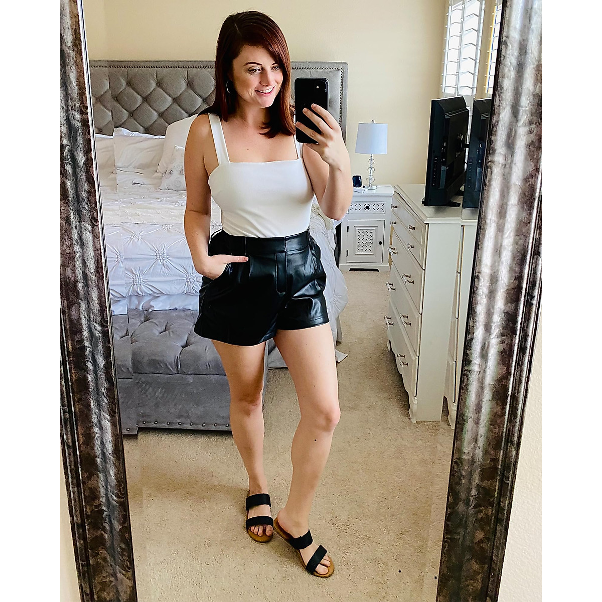 luvamia Faux Leather Shorts for Women High Waist Pleated Wide Leg Stretchy Black Leather Shorts Black Leather Shorts Women Club Outfits for Women Black Size Small Fits Size 4 / Size 6