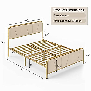 Gizoon Queen Size Bed Frame, Platform Bed Frame with Upholstered Headboard, Golden Heavy Duty Metal Mattress Foundation & Steel Slats, Sturdy, Noise Free, No Box Spring Needed (Beige)