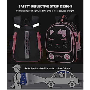 MCWTH Cat Face School Backpack for Teen Girls, Cute Kids Elementar BookBag Daypack (Black)