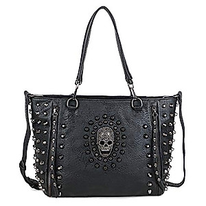 FiveloveTwo Skull Handbag Purse for Women Gothic Top-handle Shoulder Bag PU Leather Tote Satchel Black