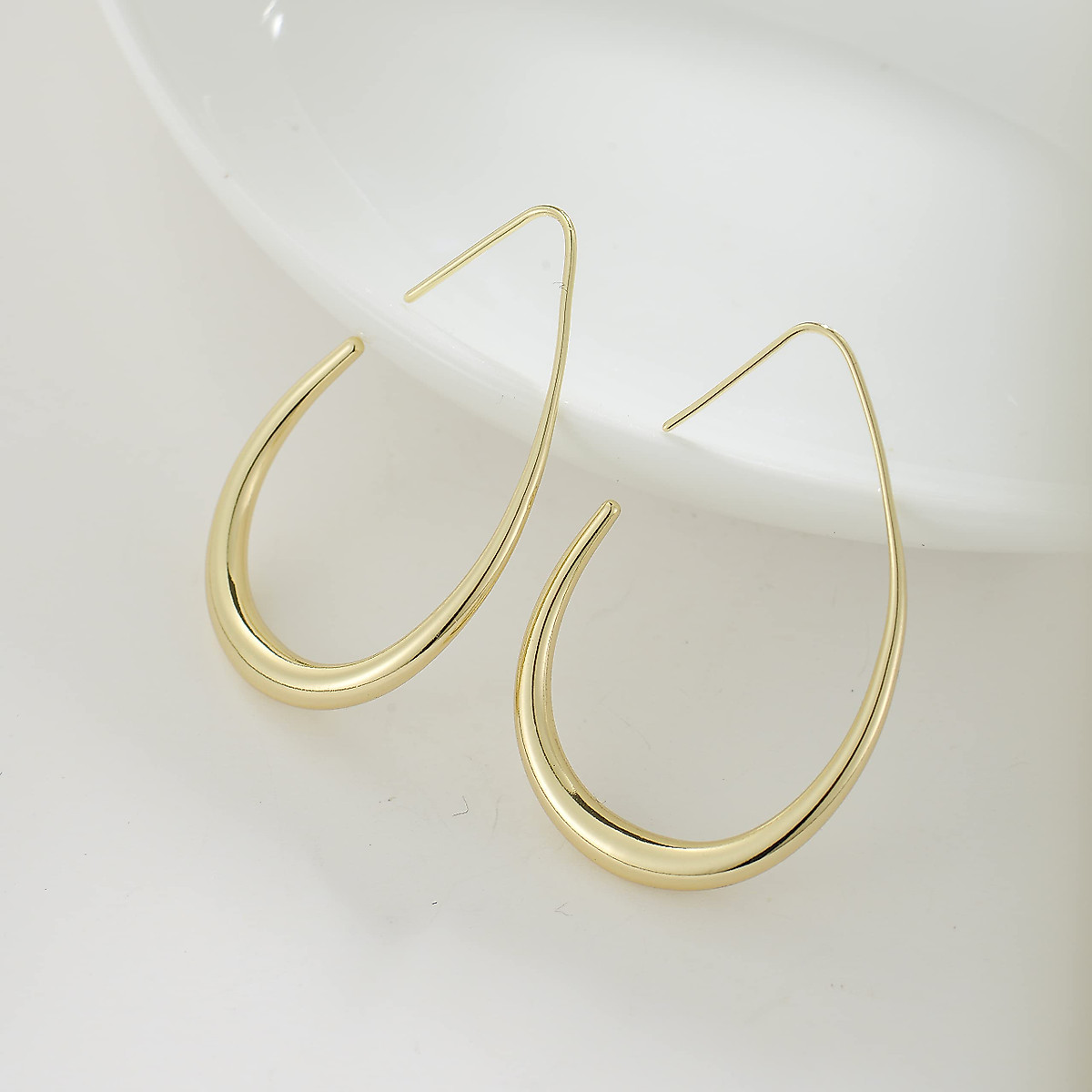 Lightweight Teardrop Hoop Earrings for Women - 14k Gold/White Gold Plated Large Oval Pull Through Hoop Earrings High Polished Statement Jewelry Gift for Women Teen Girls