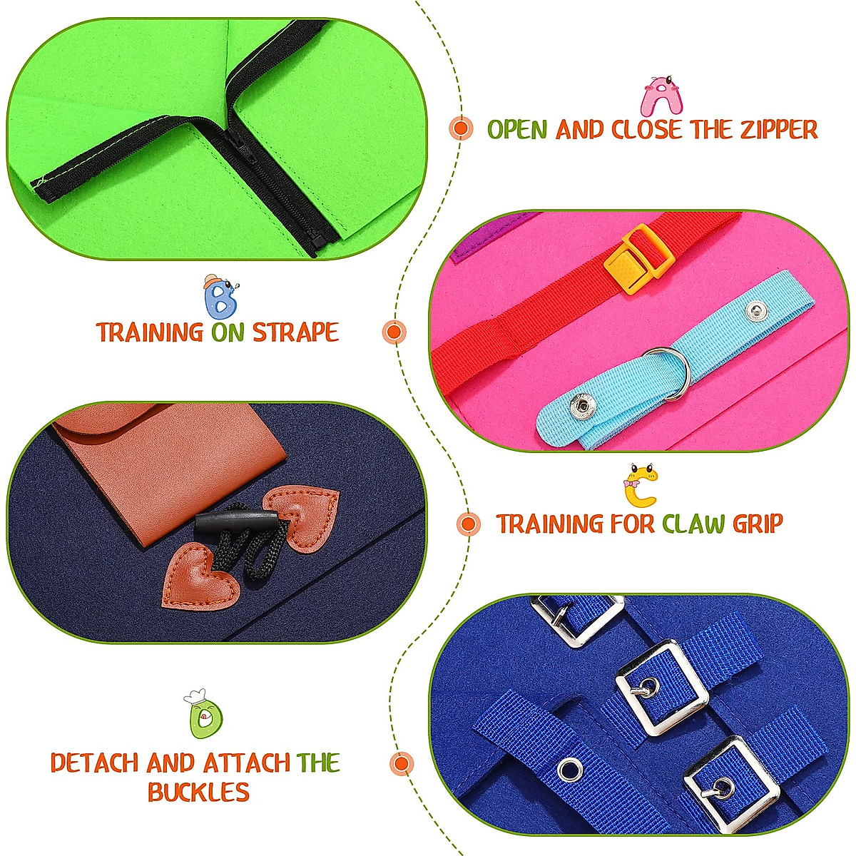 8 Pieces Early Learning Toys Toddlers Learn to Dress Practice Boards Basic Life Skills Busy Board Includes Zip, Snap, Button, Buckle, Lace and Tie for Preschool Education Classroom Supplies Activity