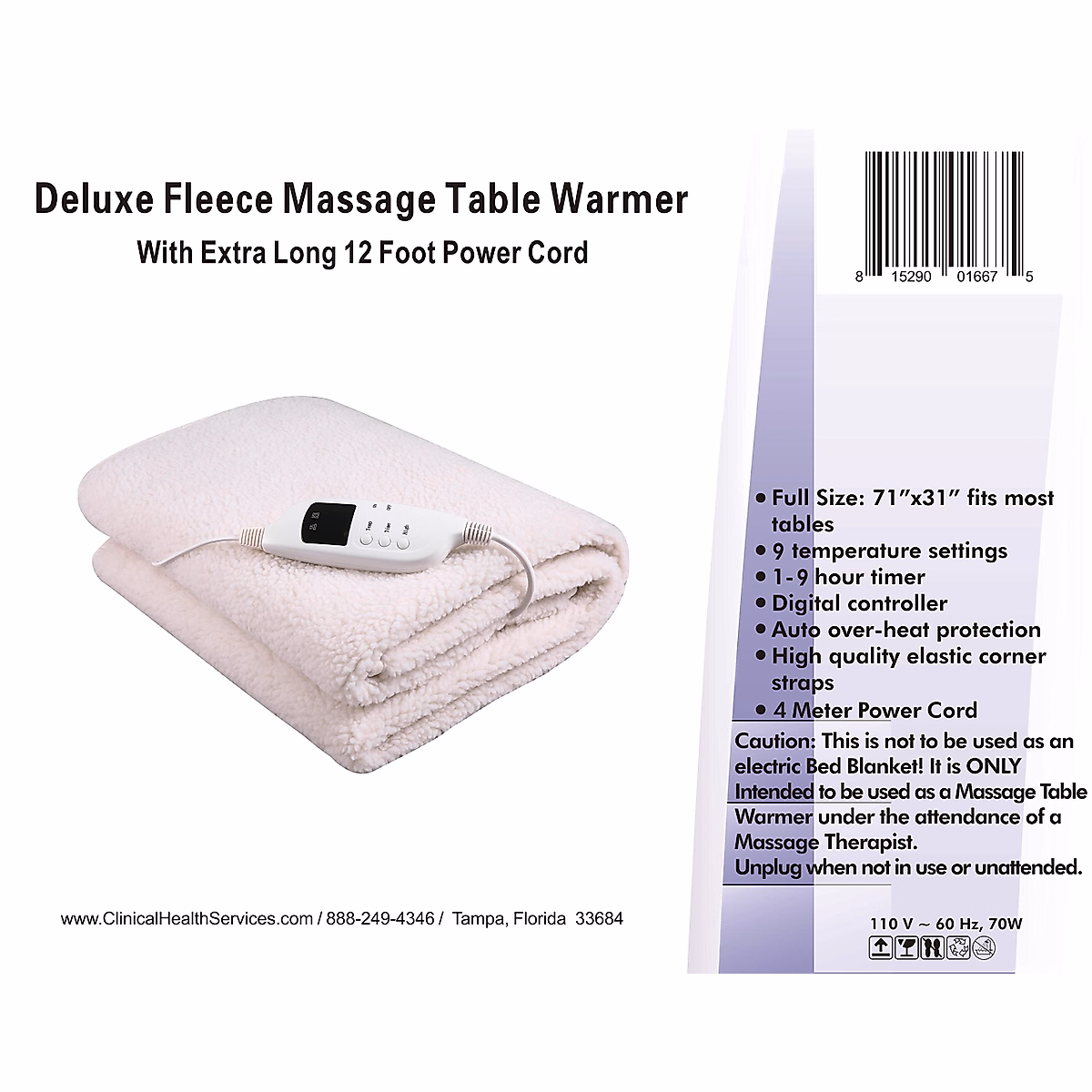 Deluxe Fleece Massage Table Warmer, w/ 12 Foot Power Cord. for Use with Massage Tables Only, Do Not Use as a Bed Blanket Warmer. Note it Does NOT GET HOT! Maximum Temperature is About 88 Degrees F