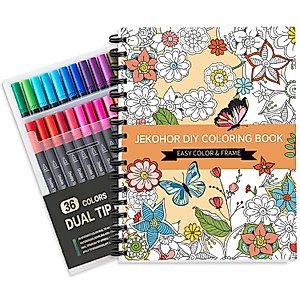 Jekohor Adult Coloring Book Set,Spiral Bound Coloring Book for Adults Relaxation with 36 Colors Markers, Anxiety Relief Gifts with 30 Patterns Included Mandala Animal Flowers
