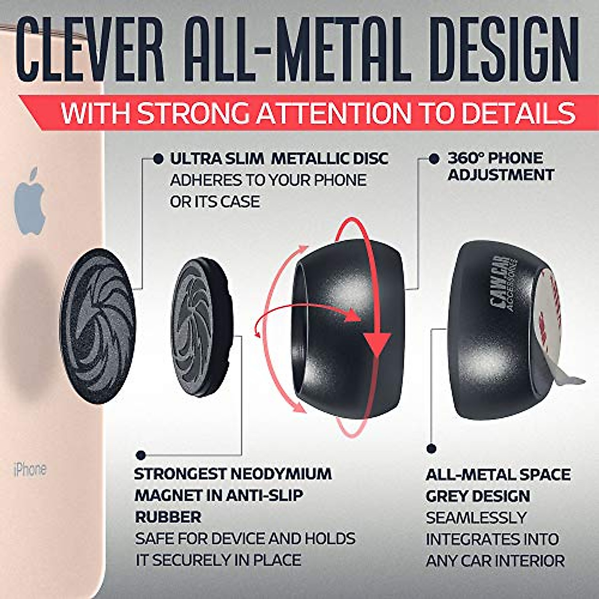 Universal Car Phone Mount Magnetic - All-Metal iPhone Car Mount for Any Smartphone or GPS - Truly One-Handed Cell Phone Holder for Car Dashboard