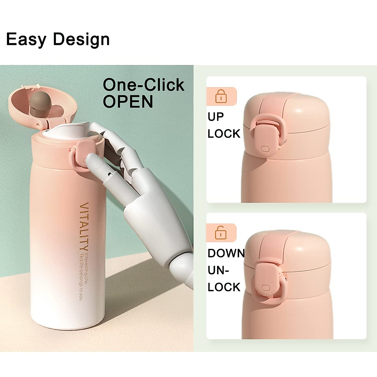 UPSTYLE Insulated Water Bottles one hand open Sweat Free Stainless Steel Flask Double Wall Tumblers Metal Vacuum Cups for School, Sports, Portable Mugs (22oz Black)