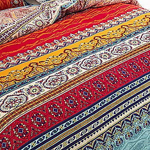 WONGS BEDDING Bohemian Quilt Set and Comforter Set Queen, Boho Striped Pattern Printed Quilt Coverlet for All Season, Soft Microfiber Boho Bedspread Set 90"x96"(3 Pieces, Queen)
