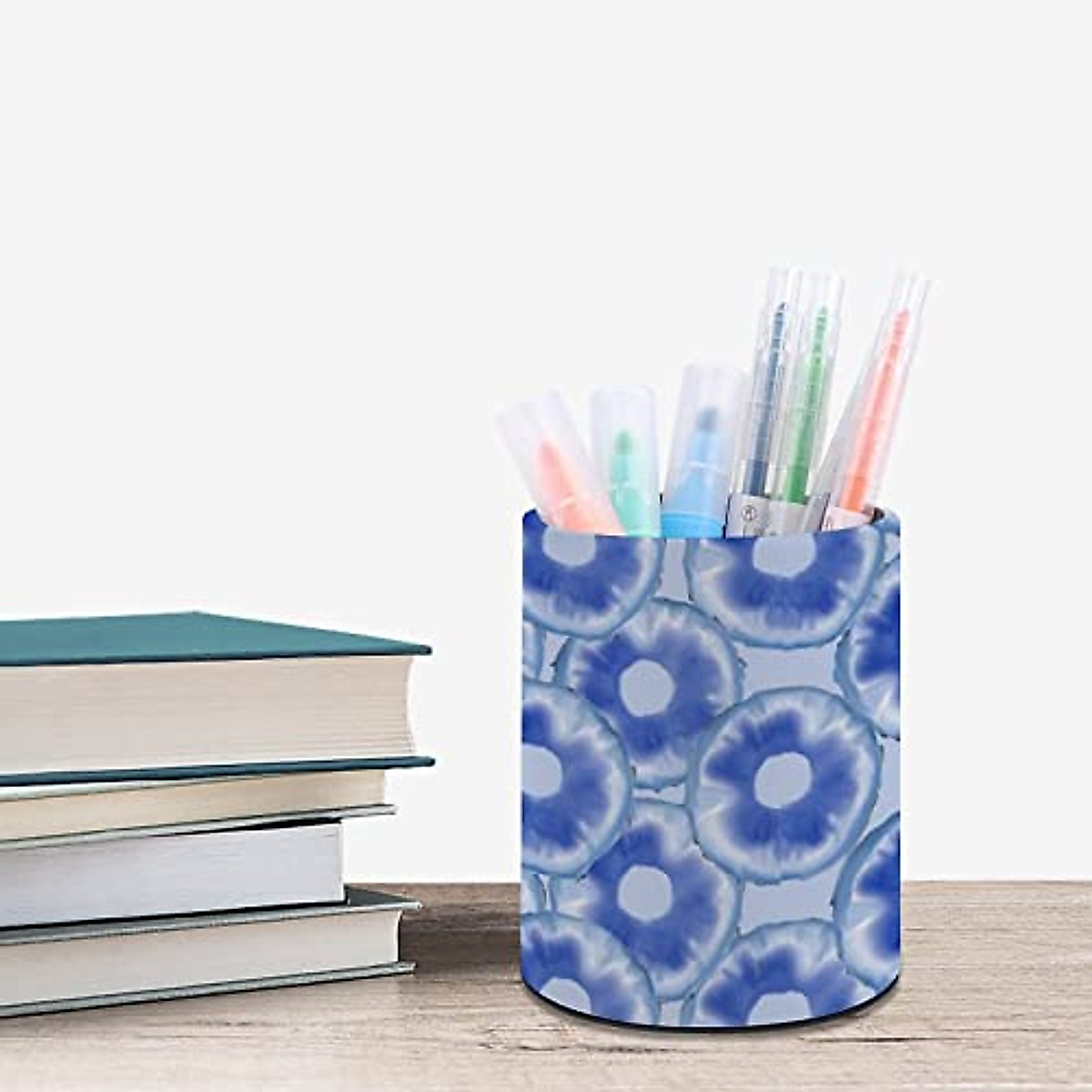 Blue Pineapple Ring Pattern Round PU Leather Pen Holder Desk Organizer Storage Container Pencil Container Brush Scissor Box