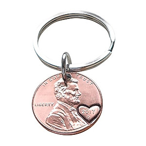2017 Penny Keychain With Heart Around Year; 6 Year Anniversary, Couples Keychain