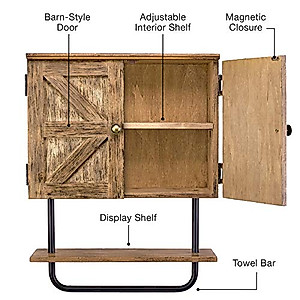 EXCELLO GLOBAL PRODUCTS 17x21'' Barndoor Bathroom Wall Cabinet, Space Saver Storage Cabinet Kitchen Medicine Cabinet with Adjustable Shelf and Towel Bar, Brown