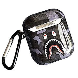 Shark Teeth Softshell Silicone Camouflage Airpods Case, IMD Case Shockproof Case Skin with Key Ring, Suitable for Apple Airpods 1 & 2 Charging Box (Black)