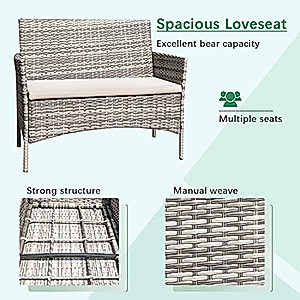 Greesum Patio Furniture 4 Pieces Conversation Sets Outdoor Wickerr Rattan Chairs Garden Backyard Balcony Porch Poolside loveseat with Soft Cushion and Glass Table, Gray and Beige