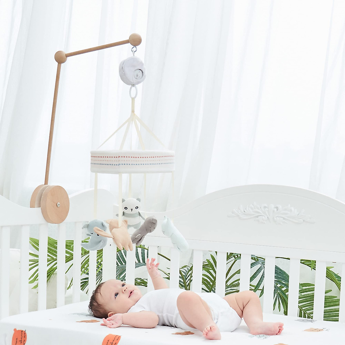 UniNewborn Baby Crib Mobile Musical Nursery Mobiles for Bassinet with Wooden Holder, Animal Toys Crib Mobile with Music for Baby, White