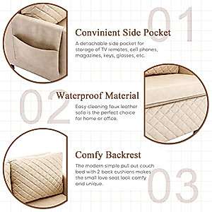 Antetek Sleeper Sofa Bed, 46-inch Faux Leather Loveseat Sleeper Sofa Couch with Pull-Out Bed, Small Love seat Sofa Single Bed with a Detachable Side Pocket for Living Room, Office, Camel