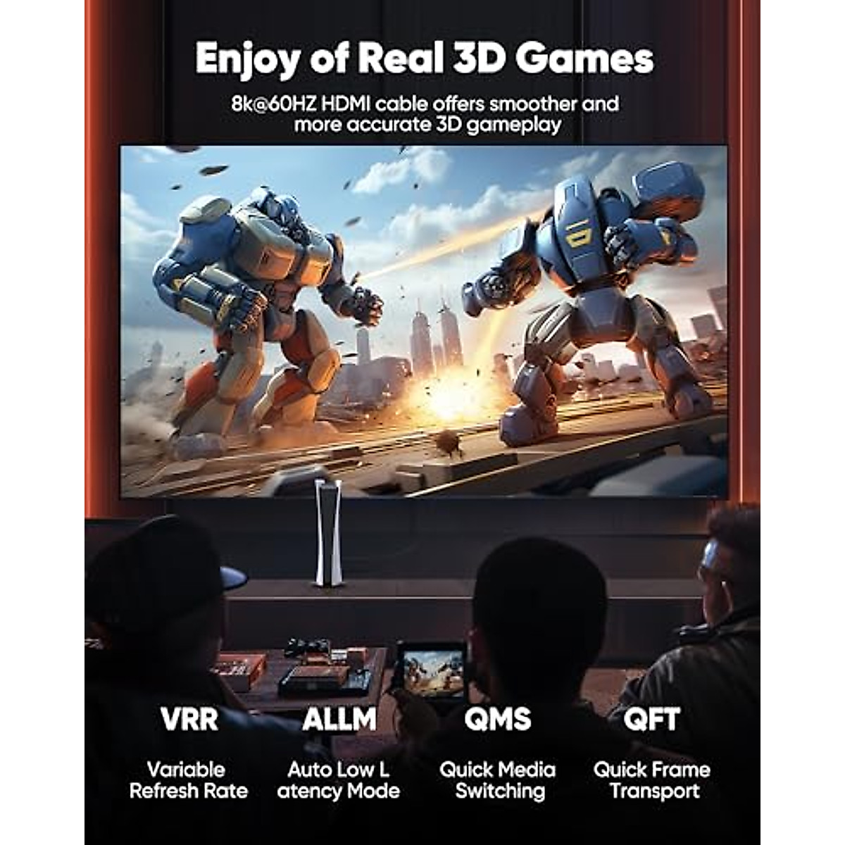 Snowkids 10K 8K HDMI 2.1 Cable 15FT, 48Gbps Ultra High Speed Long HDMI Cable 8K/60Hz 4K/120Hz 144Hz Braided Black HDMI Cord eARC HDR10 HDCP 2.2&2.3 Compatible with Roku TV/PS5/HDTV and More