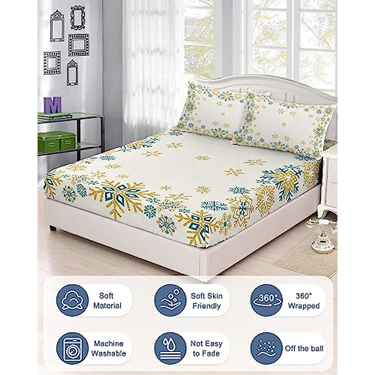 Twin Size Fitted Sheet Bed Set Christmas Abstract Snowflake Texture Deep Pocket Soft Bottom Sheets&Pillowcases for Bedroom Decor Gold Blue Snow Flower on Flax,Fits Mattress Up to 16" Deep