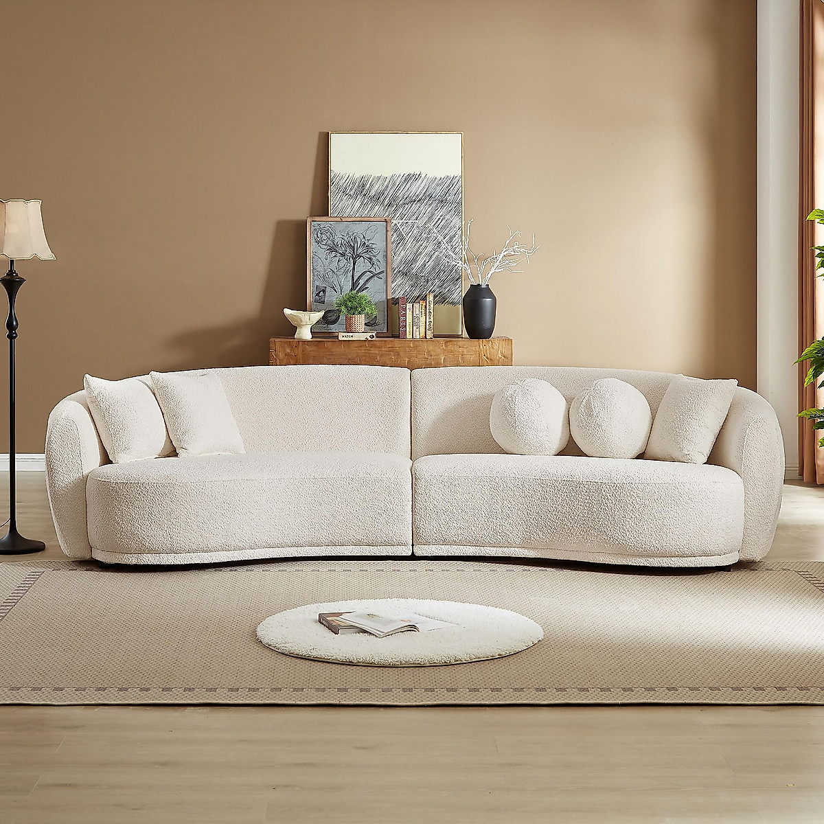 KEVINSPACE 124.5" Oversized Sofa Modular Cloud Sectional Sofa Couch Curved Sofa Comfy Teddy Fabric Deap Seat Sectional Couch with 5 Pillows Modern Luxury Sofá for Living Room Furniture Set Beige