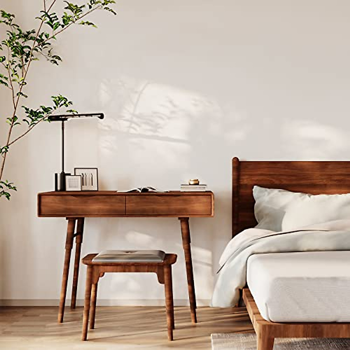 LuuLake Mid Century Modern Desk Writing Desk with Drawers Solid Wood Desk for Home Office Small Study Table Walnut 48x18