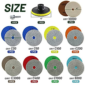 30-10000 Grit 4 Inch Diamond Polishing Pads Kit 11PCS, Wet & Dry Countertop Polish Pad for Concrete Granite Marble Stone, 5/8-11’’ Thread Backing Plate with Drill Adapter for Grinder, Drill & Polisher