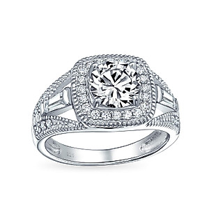 Personalize Vintage Antique Art Deco Style 2CT AAA CZ Pave Halo Square Cushion Cut Solitaire Engagement Ring For Women .925 Sterling Silver Split Baguette Side Stone Migrain Edge Band Customizable