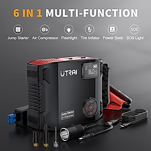 Car Jump Starter with Air Compressor, UTRAI Portable Car Battery Jump Starter 5000A Peak 12V Car Battery up to Jump Box All Gas/ 8.0L Diesel with Tire Inflator, DC 160W Jump Start Battery Pack