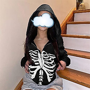 Sunloudy Women Skeleton Print Oversized Hoodie Y2K Zip Up Sweatshirt Gothic E-girl Harajuku Jackets Coat Streetwear (7-Black, M)