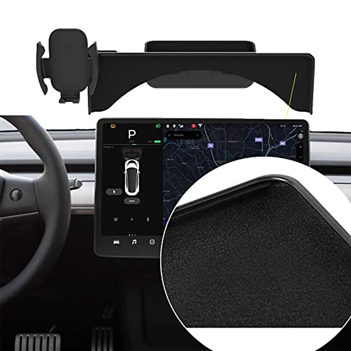 TSELLER for Tesla Model Y Model 3 Phone Holder Cell Phone Mount Silence Screen Phone Cradle Kits Adaptive for 5.5-7.0" Smartphones Accessories with Silicone Sunglasses Organizer