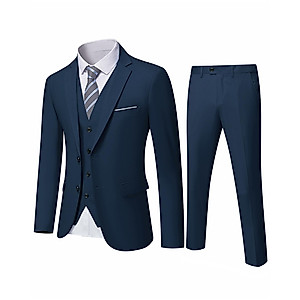 YND Men's Slim Fit 2 Button 3 Piece Suit Set, Blazer Jacket Vest Pants and Tie, Solid Wedding Dress Tux and Trousers Deep Blue