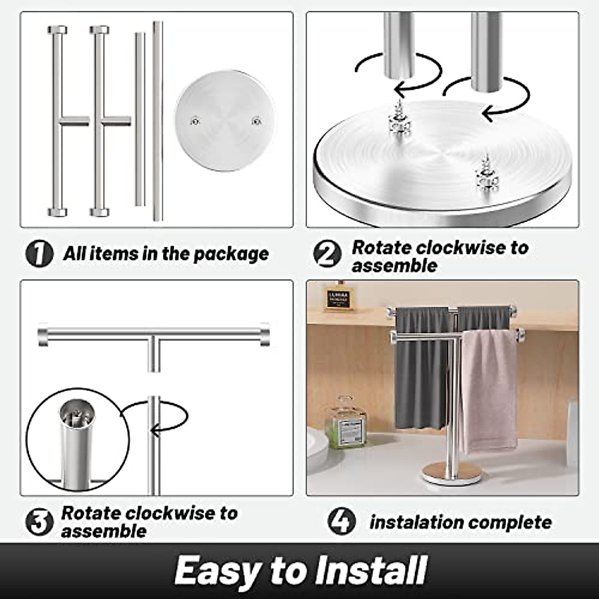VEHHE Hand Towel Holder Stand, Double T-Shape Towel Rack Countertop with Suction Cups, Free Standing Towel Holder for Bathroom, Kitchen and Vanity, Waterproof Hand Towel Stand Made of Stainless Steel