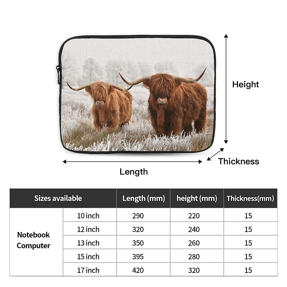 Winter Snow Scottish Highland Cow 13 inch Portable Laptop Sleeve Compatible with MacBook Air Notebook Computer Case for Men Women College School Students