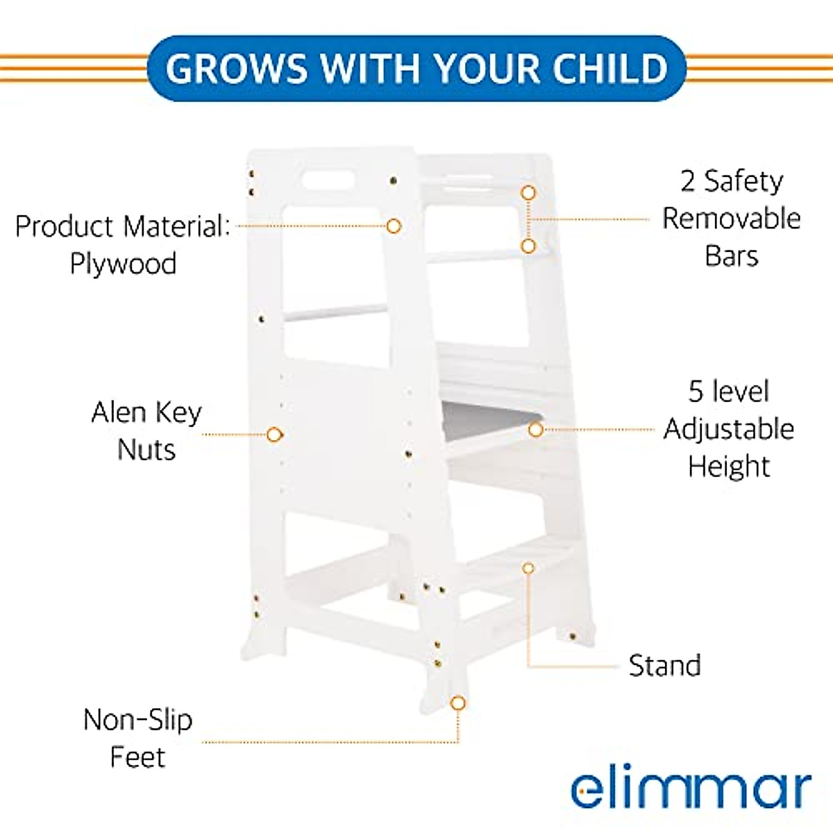 ELIMMAR Toddler Standing Tower - Wooden Learning Tower for Children - 5-Level Adjustable Height, Non-Slip Steps & Feet Pads, Silicone Mat, 2 Safety Bars - Helper Stool for Kids - White, 16x15.7x35.4