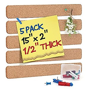 LotFancy Cork Board Strips 15” x 2”, Pack of 5, 1/2 in Thickness, Bulletin Bar Strips Bonus 15 Push Pins, Self-Adhesive Corkboard Strips for Office, Home