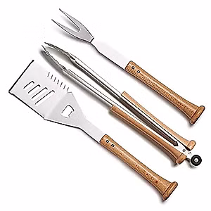 Baseball BBQ | 'Triple Play' Multi-Tool Spatula, Tongs & Fork Combo Set | BBQ Grilling Accessories & Utensils for Baseball Fans | Unique Wooden Bat Handle & Quality Stainless Steel Grill Masters