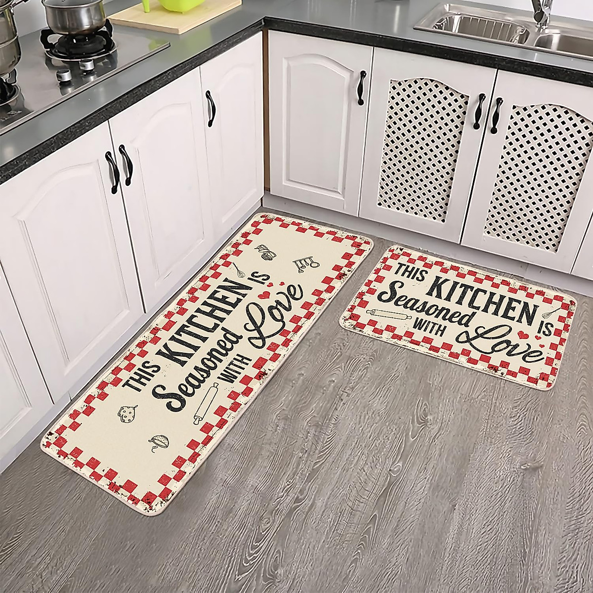 YOUWOUS The Kitchen is Seasoned with Love Kitchen Mats Set of 2-17x29 and 17x47 Inch, Decorative Non Slip Backing Floor Mat for Home Kitchen Red