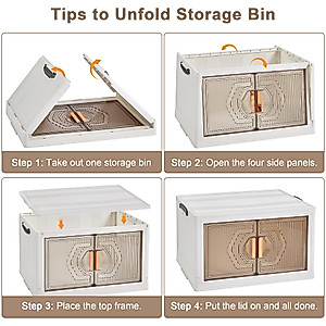 VECELO 16 Gal Stackable Storage Bins with Lid, 5 Pack Plastic Collapsible Storage Cabinet, Foldable Folding Box Organizer/Storage Container Cart with Wheel and Double Door for Home Office, White