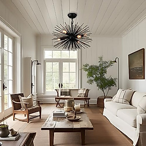 Tescruant Modern Black Sputnik Chandelier Vintage 6-Lights Geometric Black Chandelier Lighting Fixture Farmhouse 20" Firework Chandelier for Dining Room, Bedroom, Living Room, 12LB Solid Metal, E12