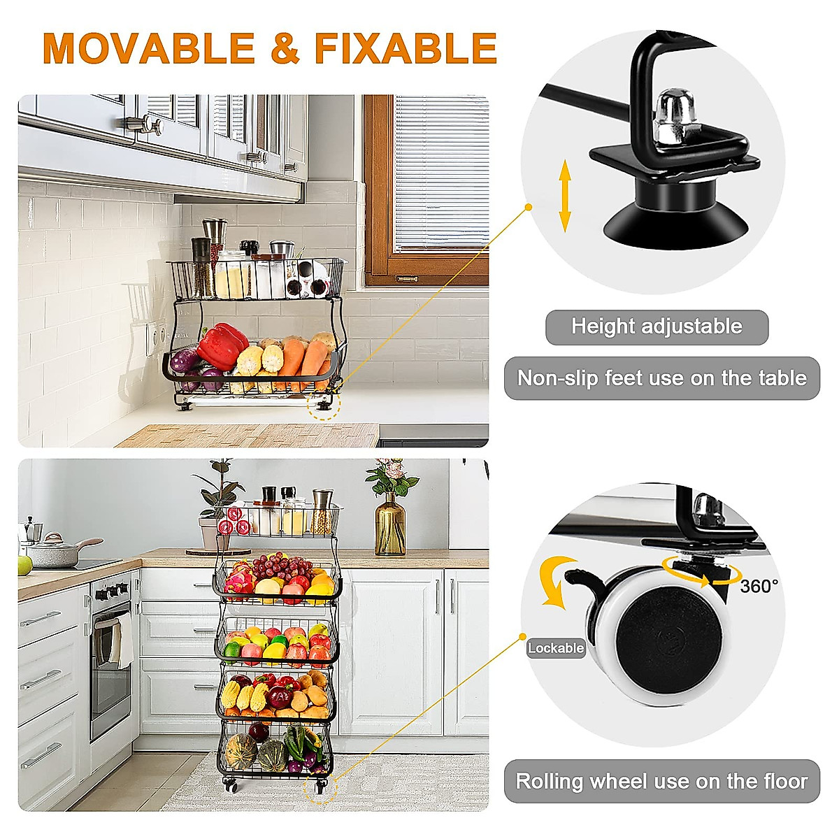 Fruit Vegetable Storage Basket, 5 Tier Stackable Metal Wire Storage Baskets with Wheels, Fruit Vegetable Produce Basket Organizer Bins for Kitchen, Pantry, Bathroom