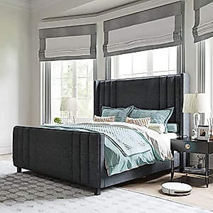 AMERLIFE Queen Size Bed Frame, Velvet Upholstered Platform with Vertical Channel Tufted Headboard & Footboard/Wingback, Mattress Foundation Wood Slats, No Box Spring Needed, Grey (BF-004)