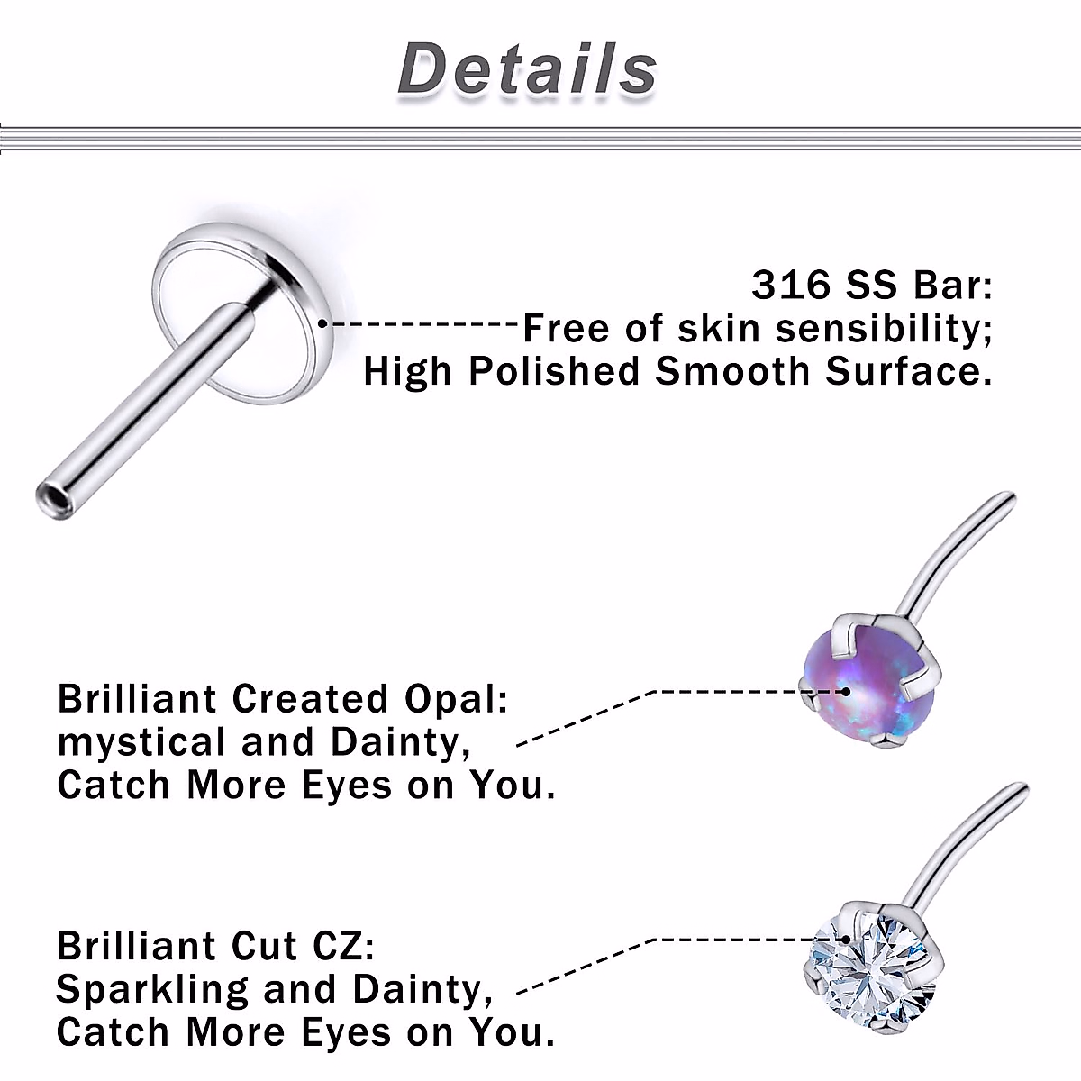 Oicctyzio 20g Threadless Flat Back Push Pin In Opal Nose Rings Studs for Women Men with Flatback 20 Gauge Cartilage Tragus Helix Piercing Jewelry Hypoallergenic Surgical Stainless Steel