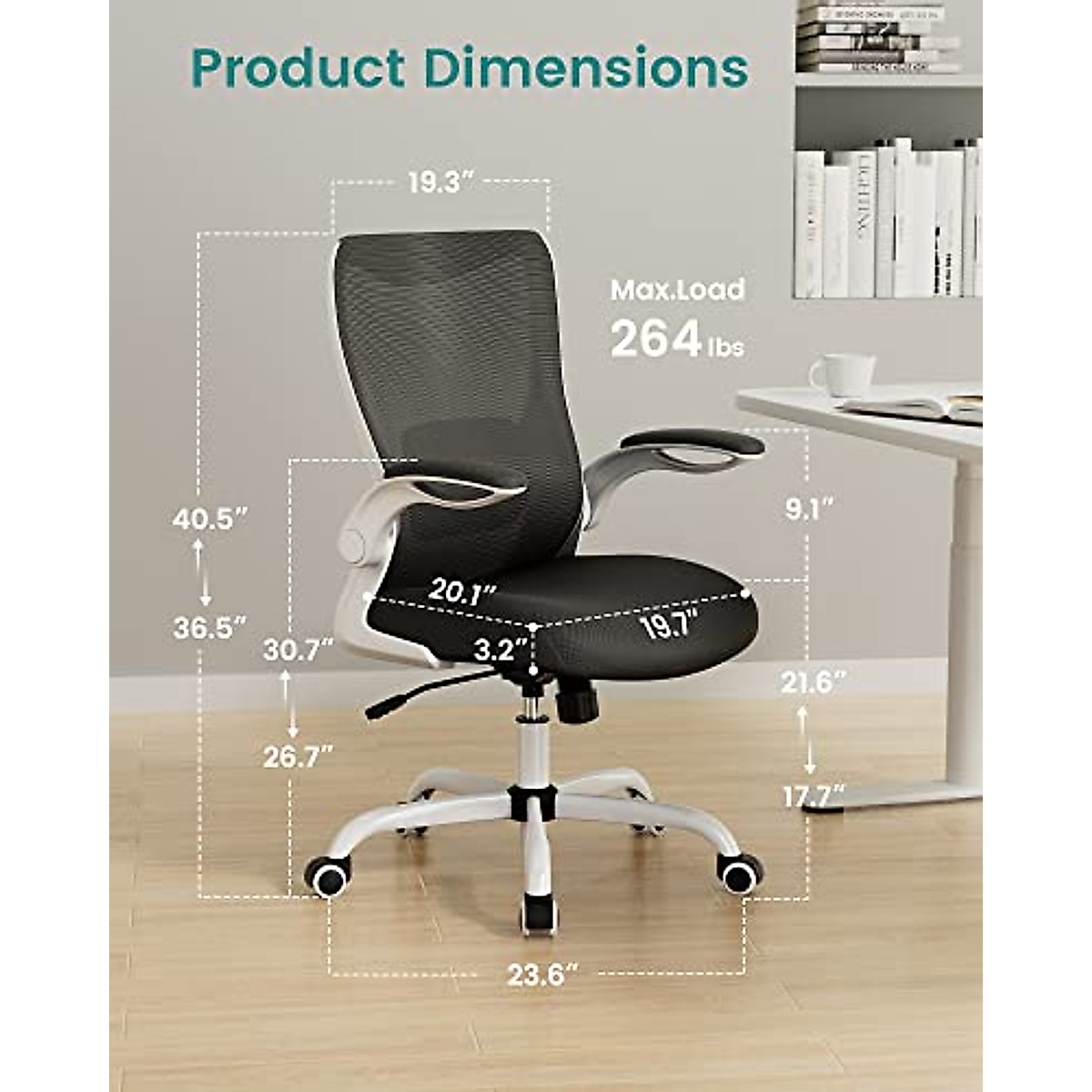 MUXX.STIL Office Chair, Ergonomic Desk Chair with Adjustable Lumbar Support and Flip up Armrest, Breathable Mesh Computer Chair for Home Office, White