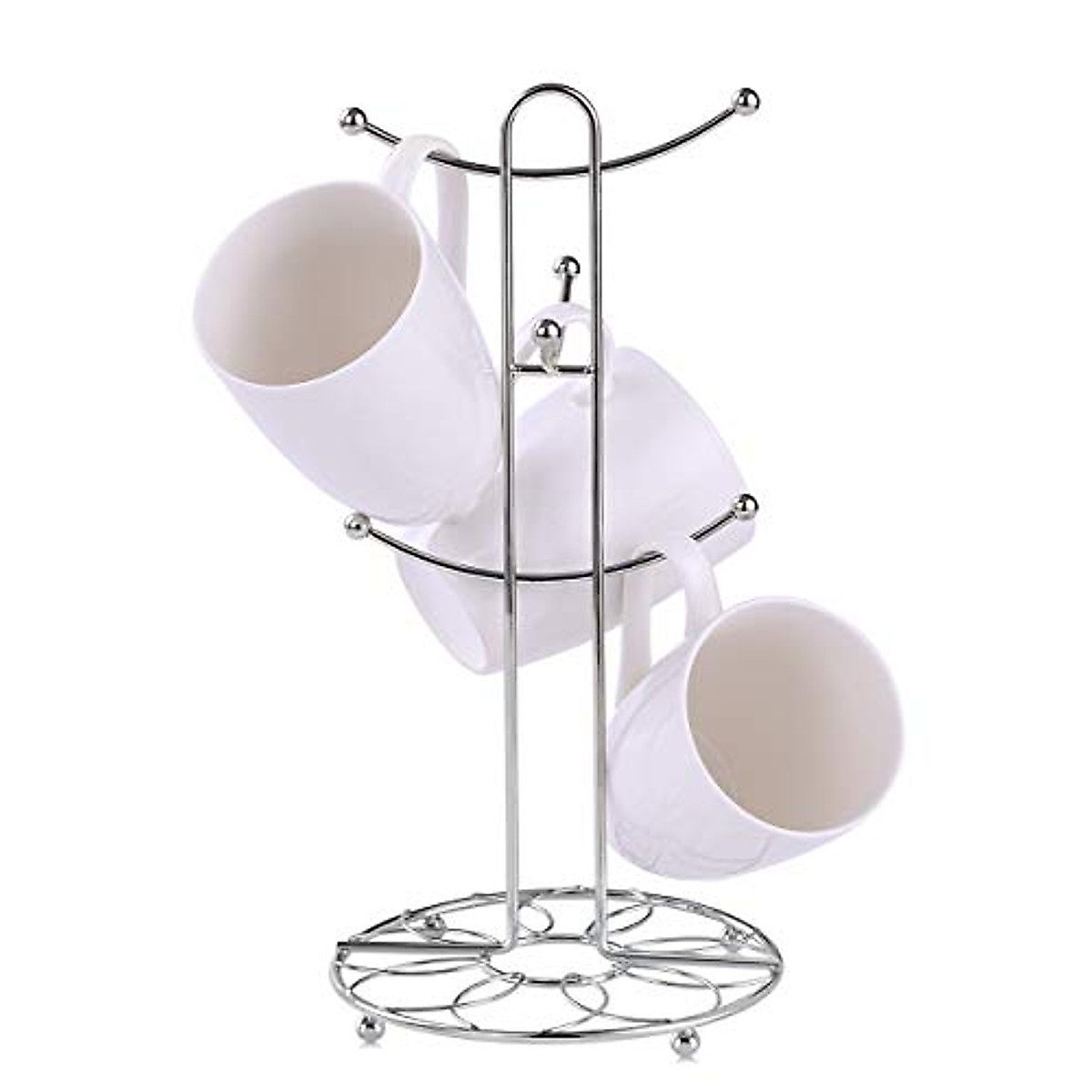 Buruis Mug Rack Tree, Decorative Flower Pattern Base Metal Mug Holder, Kitchen Coffee Mug Tree Countertop Tea Cups Holder Stand, Coffee Cup Dryer with 6 Hooks (Silver)