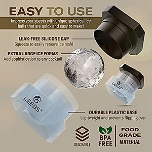 Sphere Ice Molds - 3 Pack Whiskey Ice Ball Mold - Silicone Freezer Press Ice Ball Maker Mold for Large Round Craft Whisky Ice Balls - Bourbon, Scotch, Old Fashioned, Cocktail Drinks - by LEEBS