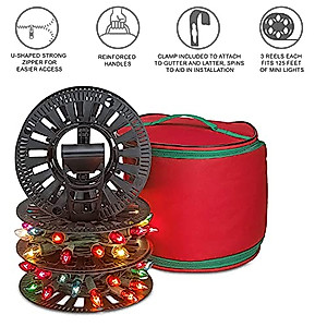 Premium Christmas Light Storage Bag – Heavy Duty Tear Proof 600D/Inside PVC Material with Reinforced Handles - With 3 Reels Stores up to 375 Ft of Mini Christmas Tree Lights & Extension Cords - Red